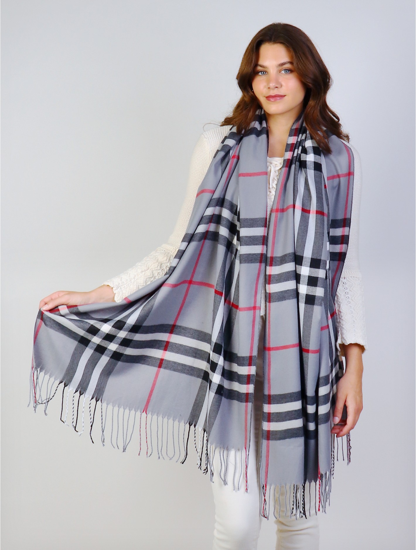 Plaid Patterned Scarf W/ Tassels