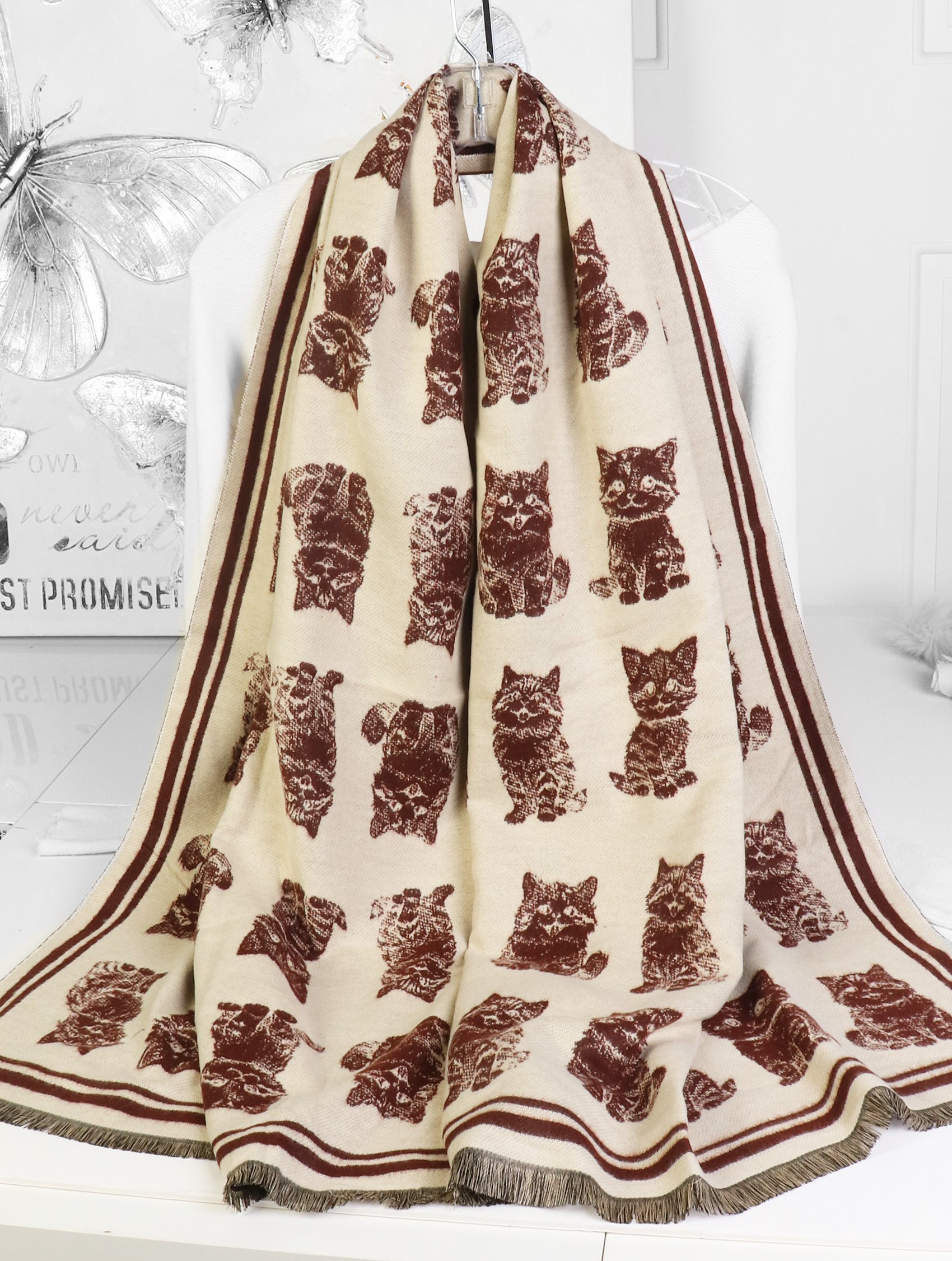 Cashmere Feeling Cat Print Premium Scarf